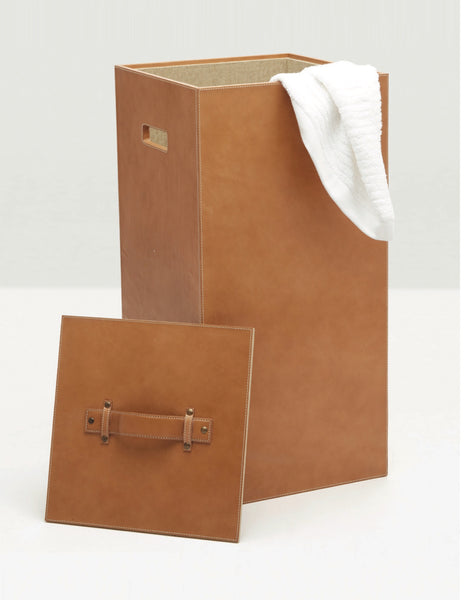 Barrett Aged Camel Leather Square Hamper | Herringbone and Company