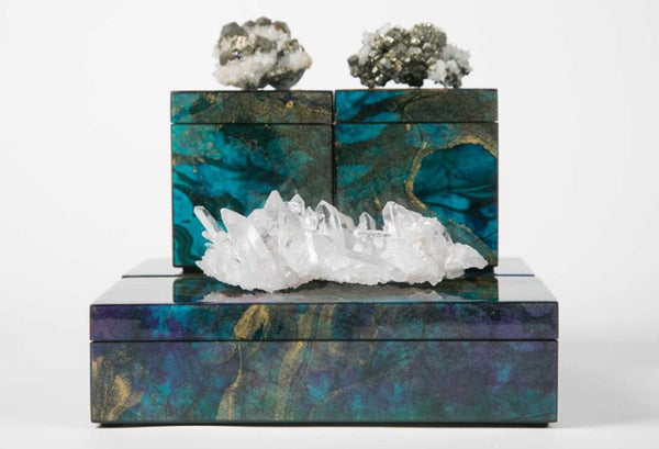 Ocean Blue Lacquer Box with Decorative Stone | Herringbone and Company